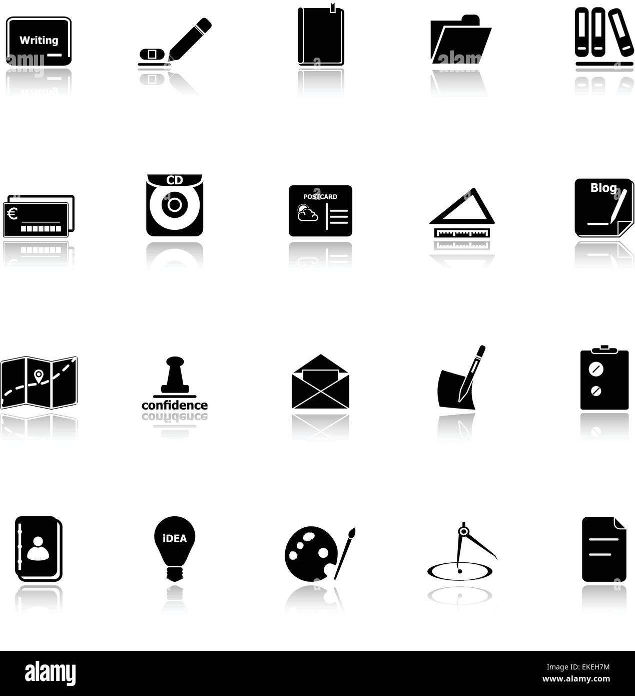 Writing related icons with reflect on white background, stock vector ...