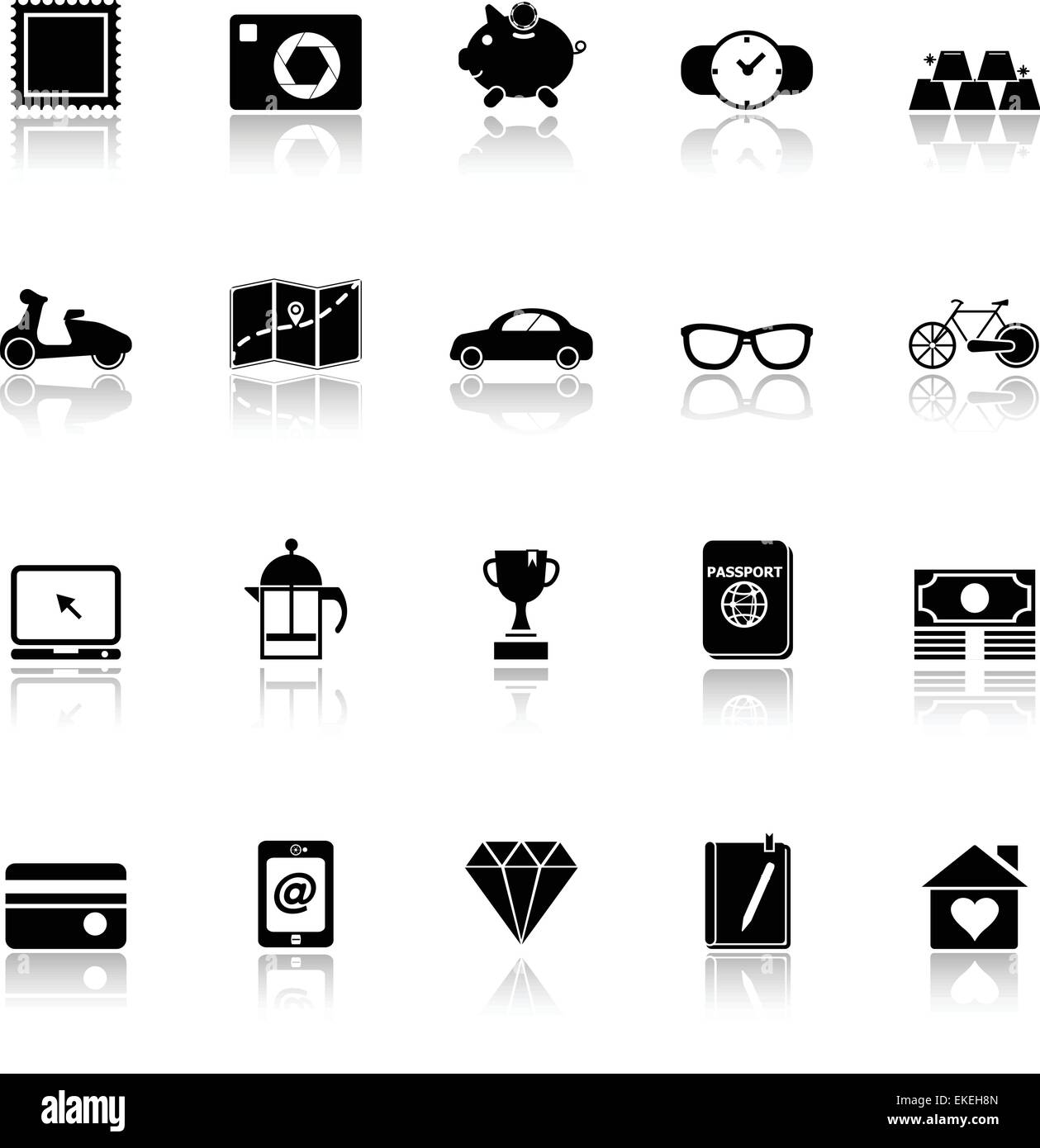 The useful collection icons with reflect on white background, stock ...