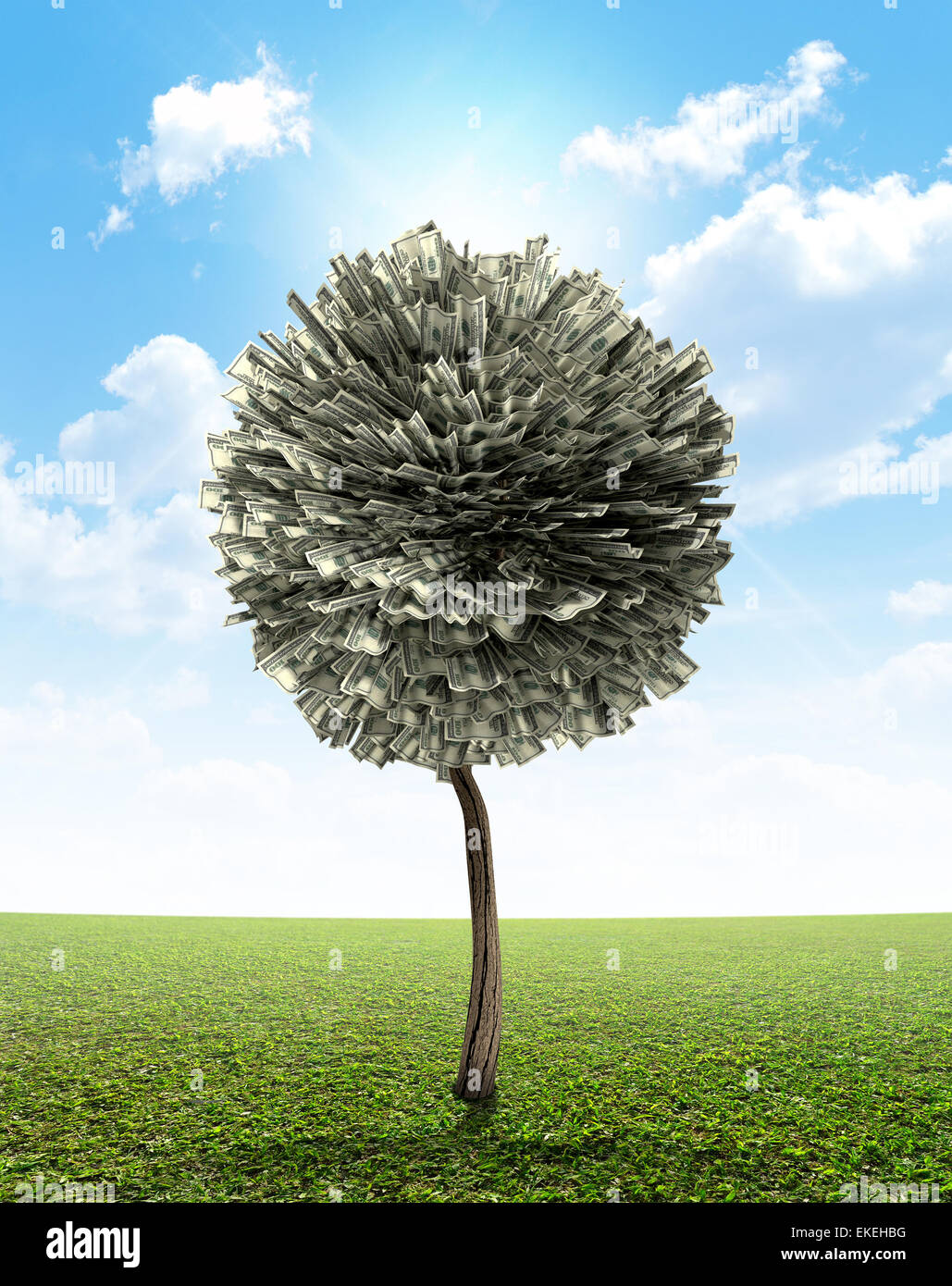 A stylized fantasy us dollar mythical money tree on a green lawn and ...