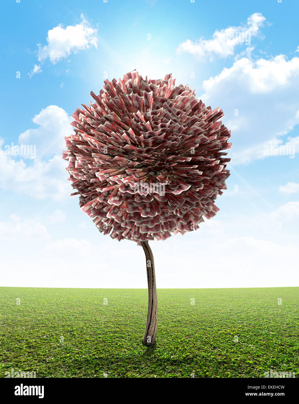 A stylized fantasy mythical british pound money tree on a green lawn ...
