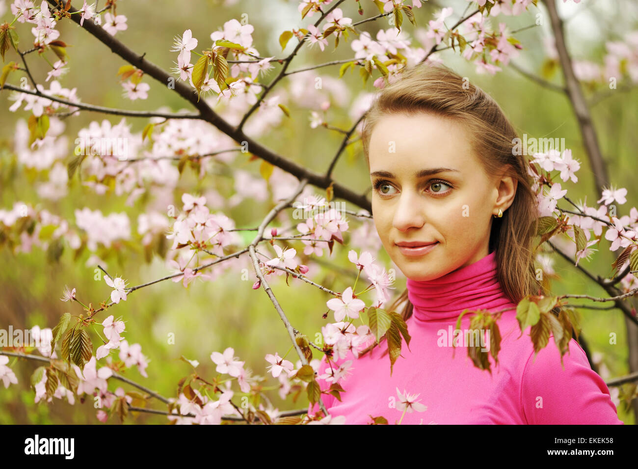Woman in front of sakura blossoms Stock Photo - Alamy