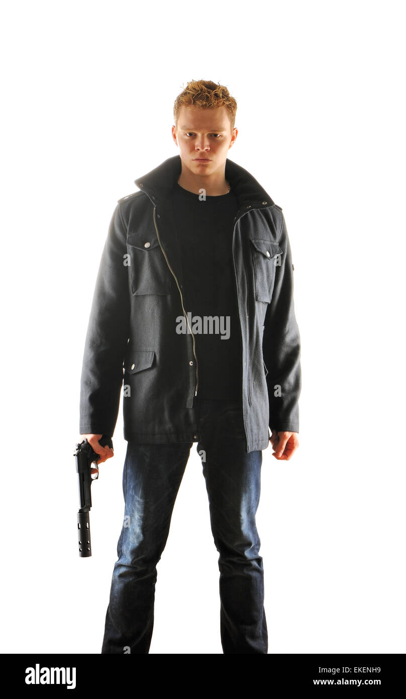 Man holding gun aiming Cut Out Stock Images & Pictures - Alamy