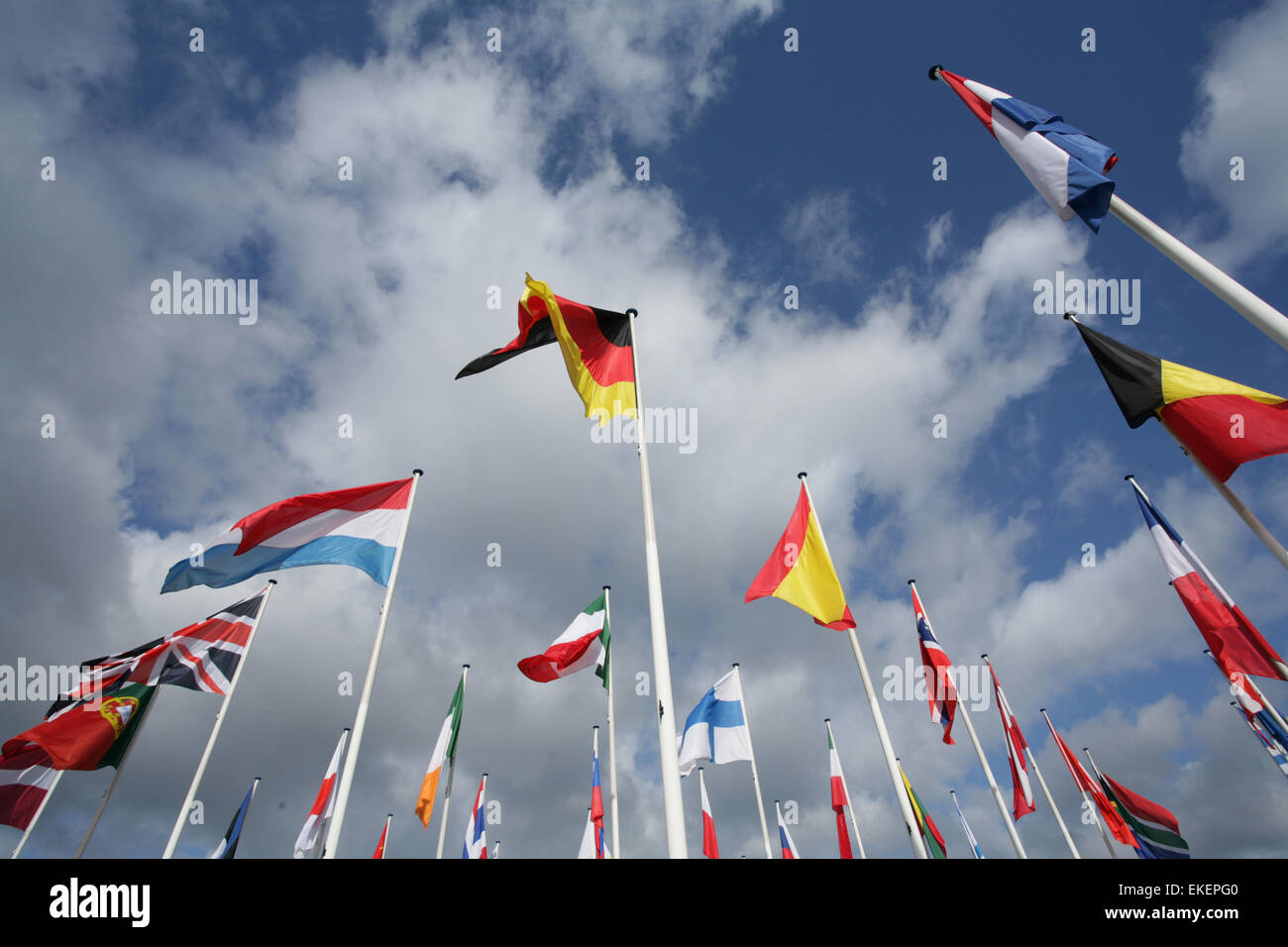 european flags in the wind and sun with gray sky Stock Photo - Alamy