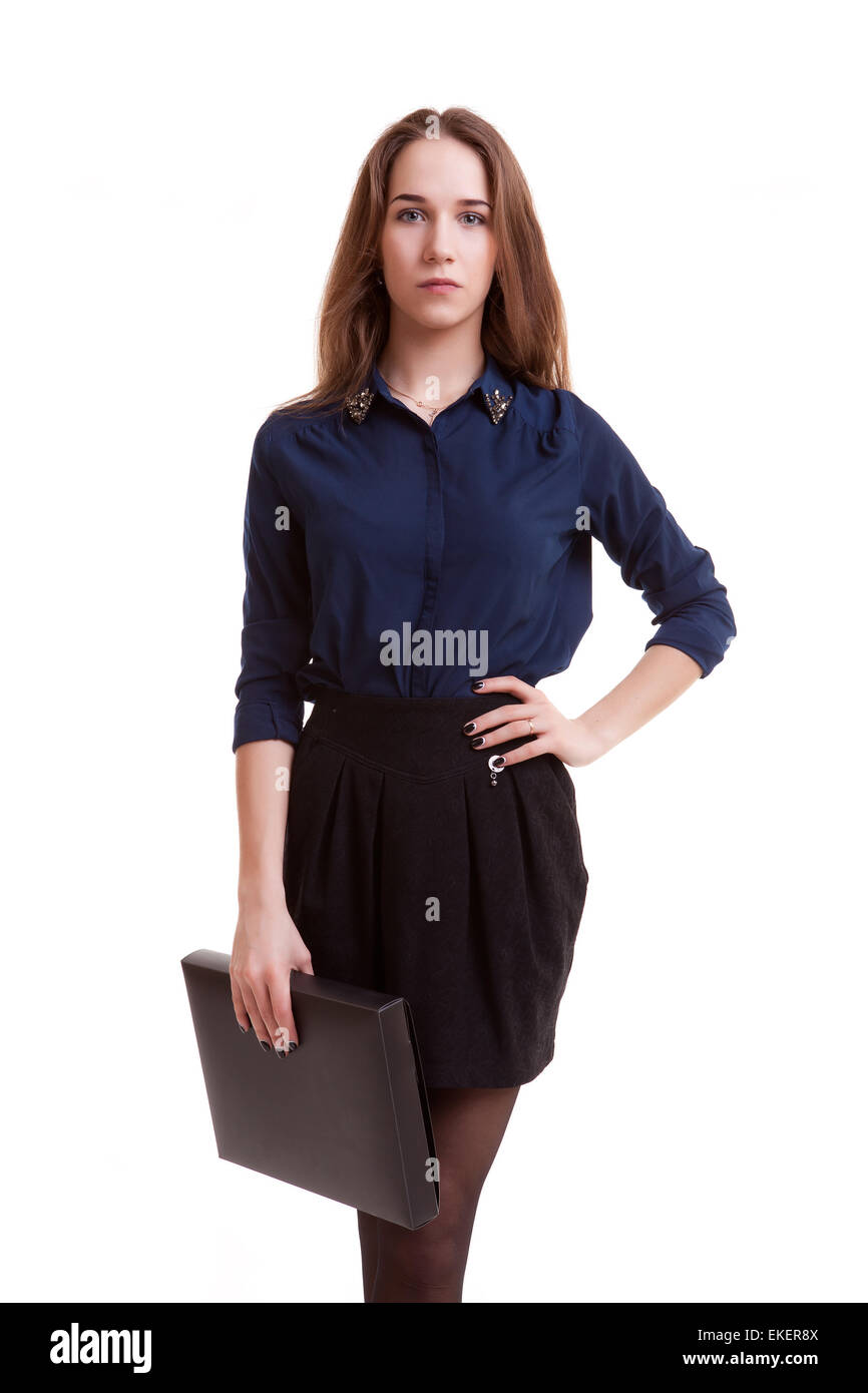 Young student with folder in her hand isolated over white background ...