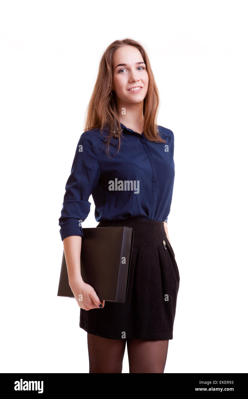Young student with folder in her hand isolated over white background ...