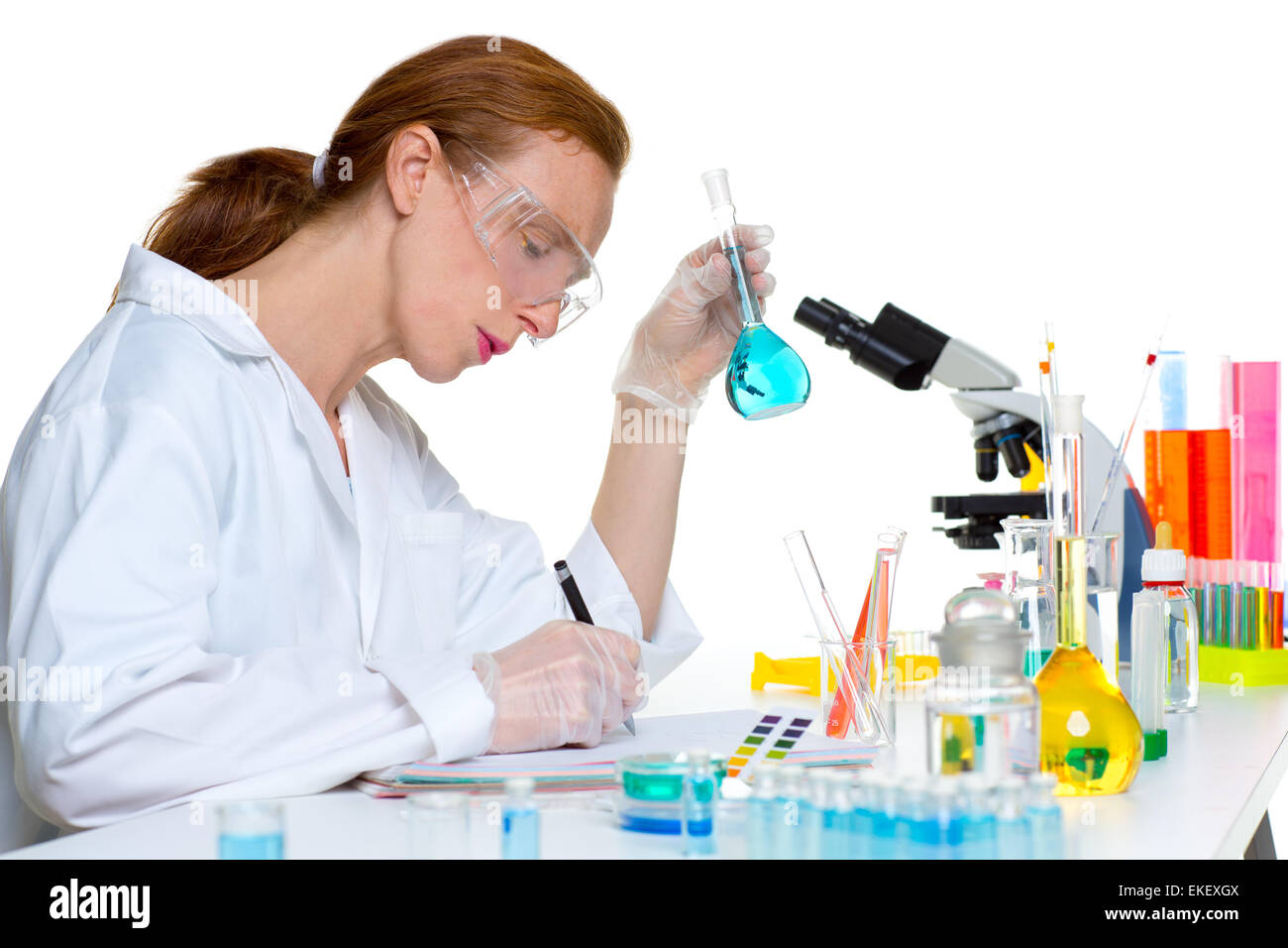 chemical laboratory scientist woman with glass flask Stock Photo - Alamy
