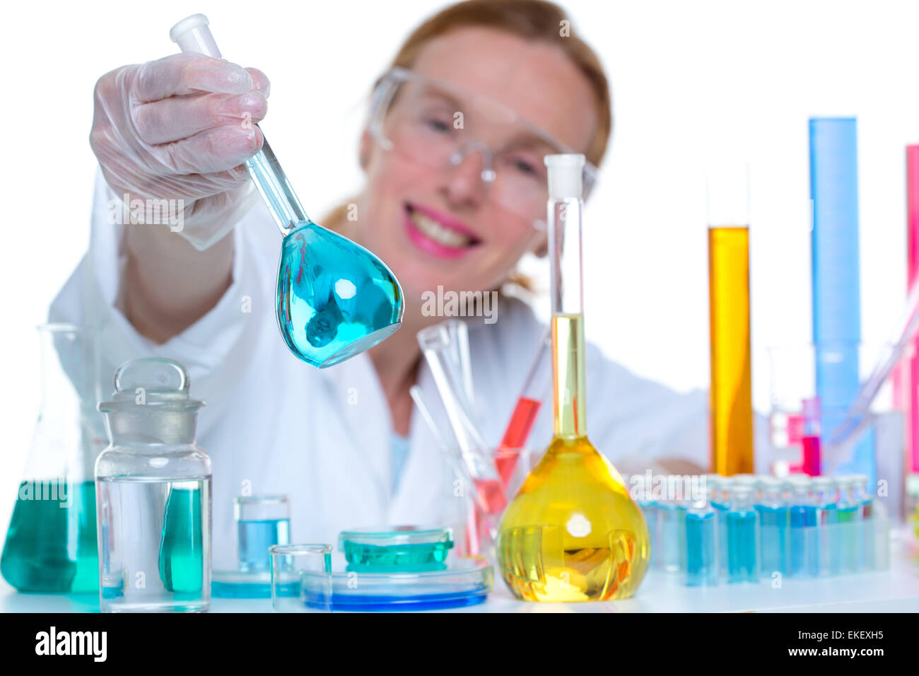 chemical laboratory scientist woman with glass flask Stock Photo - Alamy
