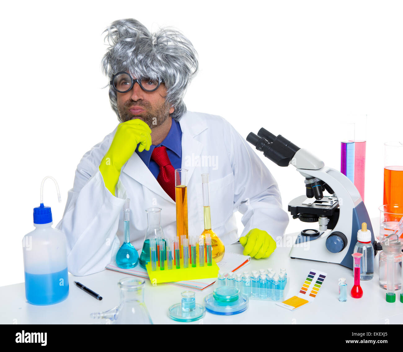 Carzy pensive nerd scientist at chemical laboratory Stock Photo - Alamy