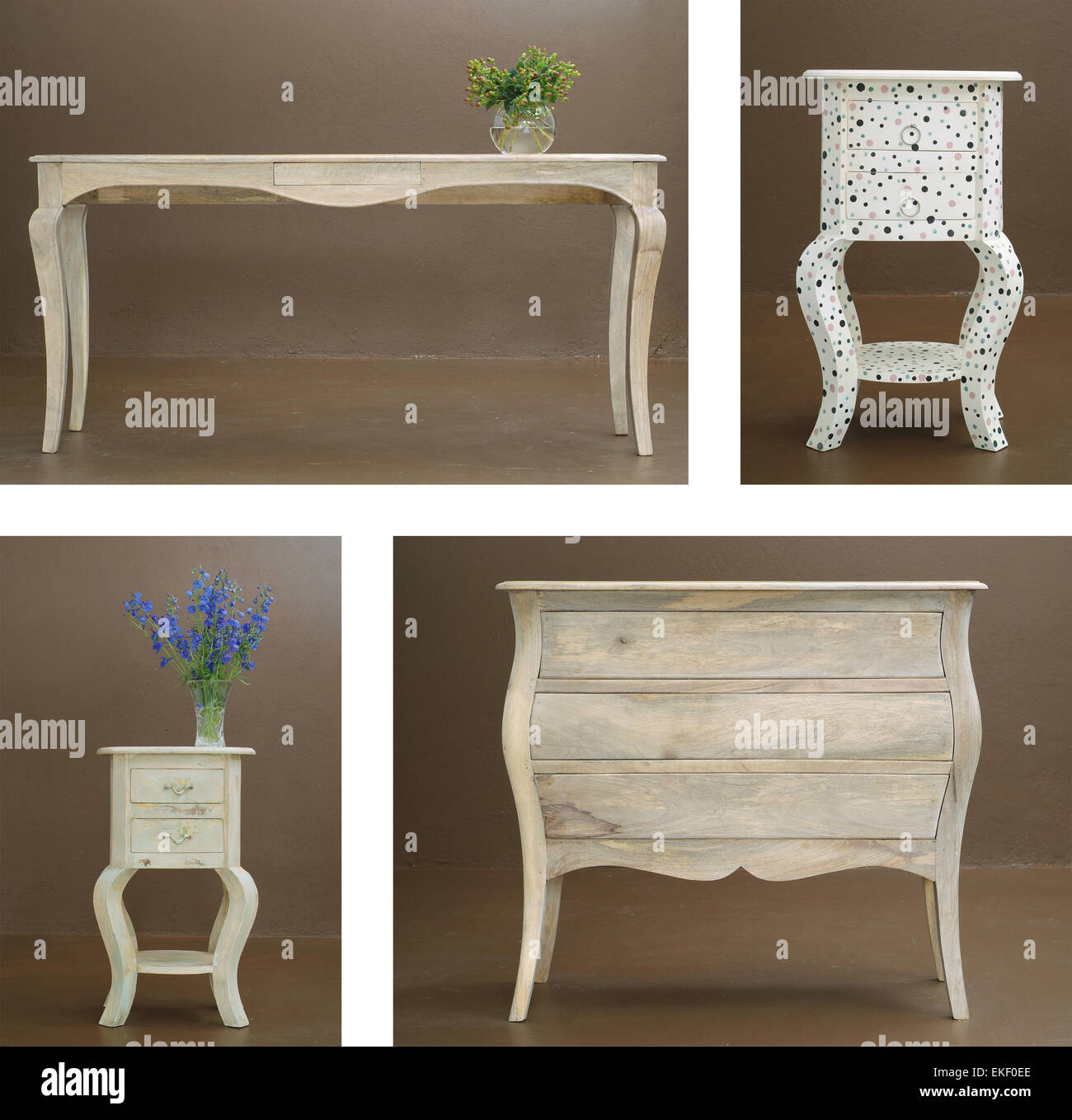 Combination collage various wooden table and dresser Stock Photo - Alamy