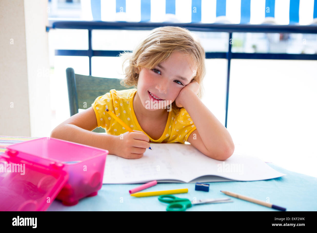 Child student kid girl happy smiling with homework Stock Photo - Alamy