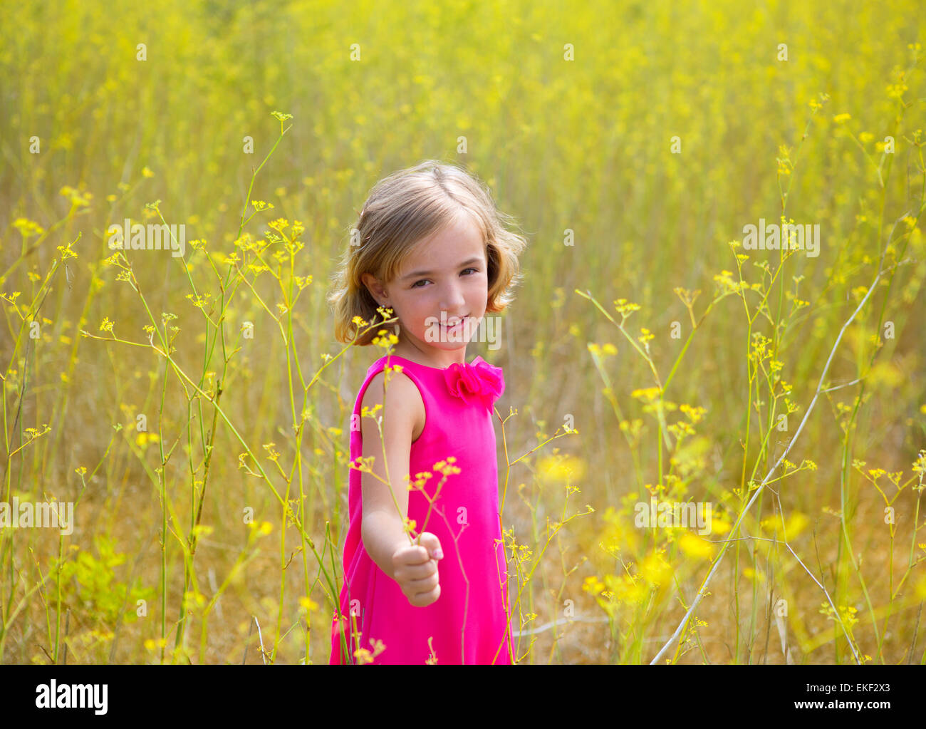 child kid girl in spring yellow flowers field and pink dress Stock ...