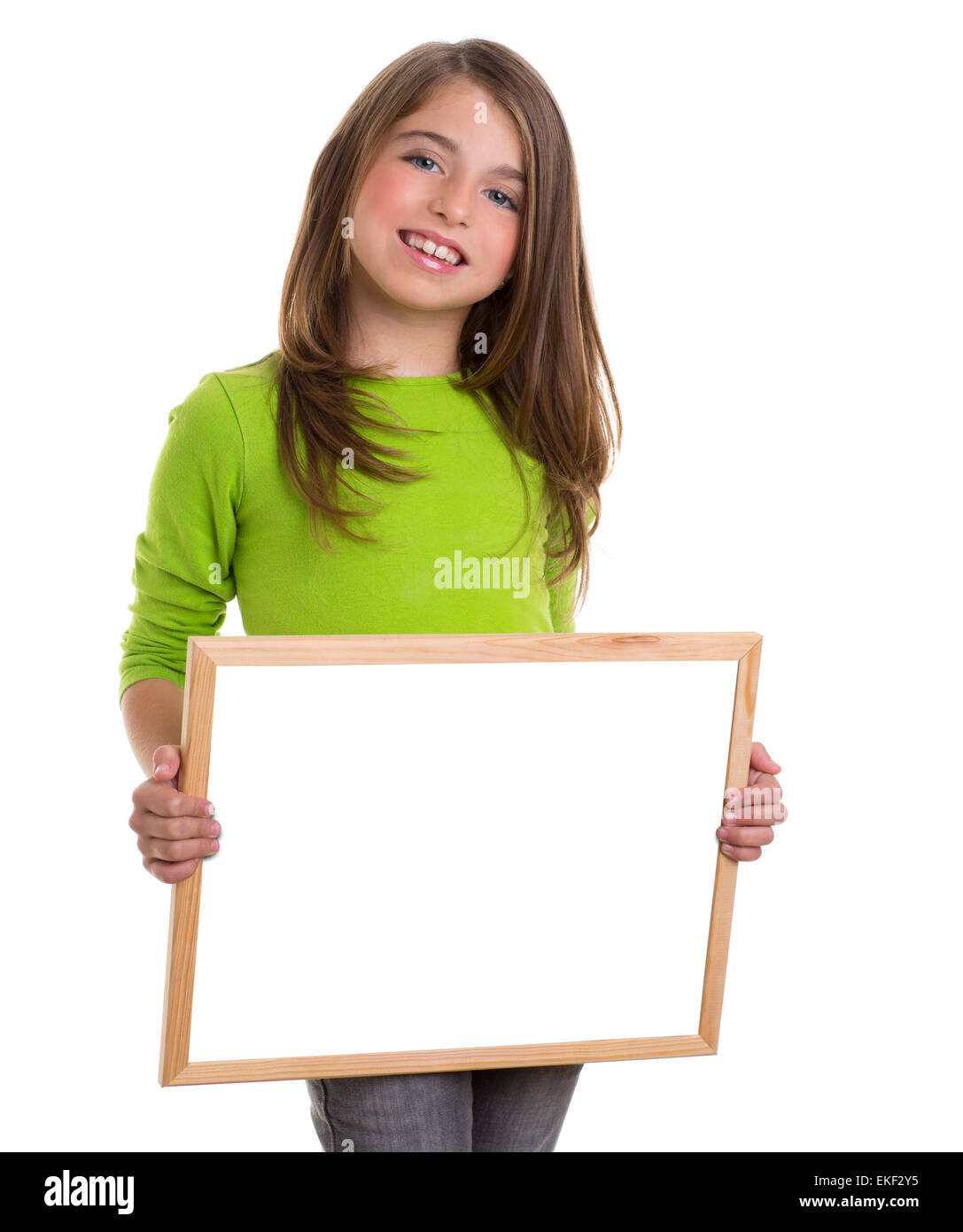 child girl with white frame copy space white blackboard Stock Photo - Alamy