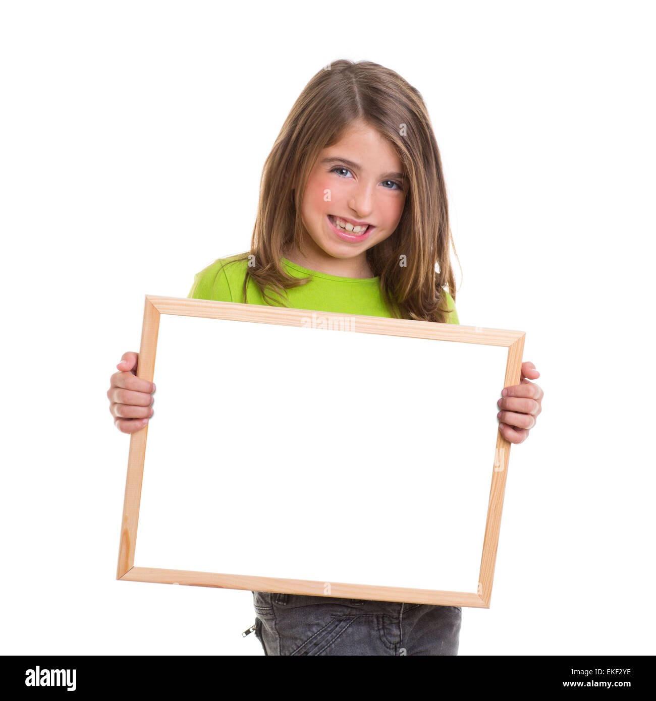 child girl with white frame copy space white blackboard Stock Photo - Alamy