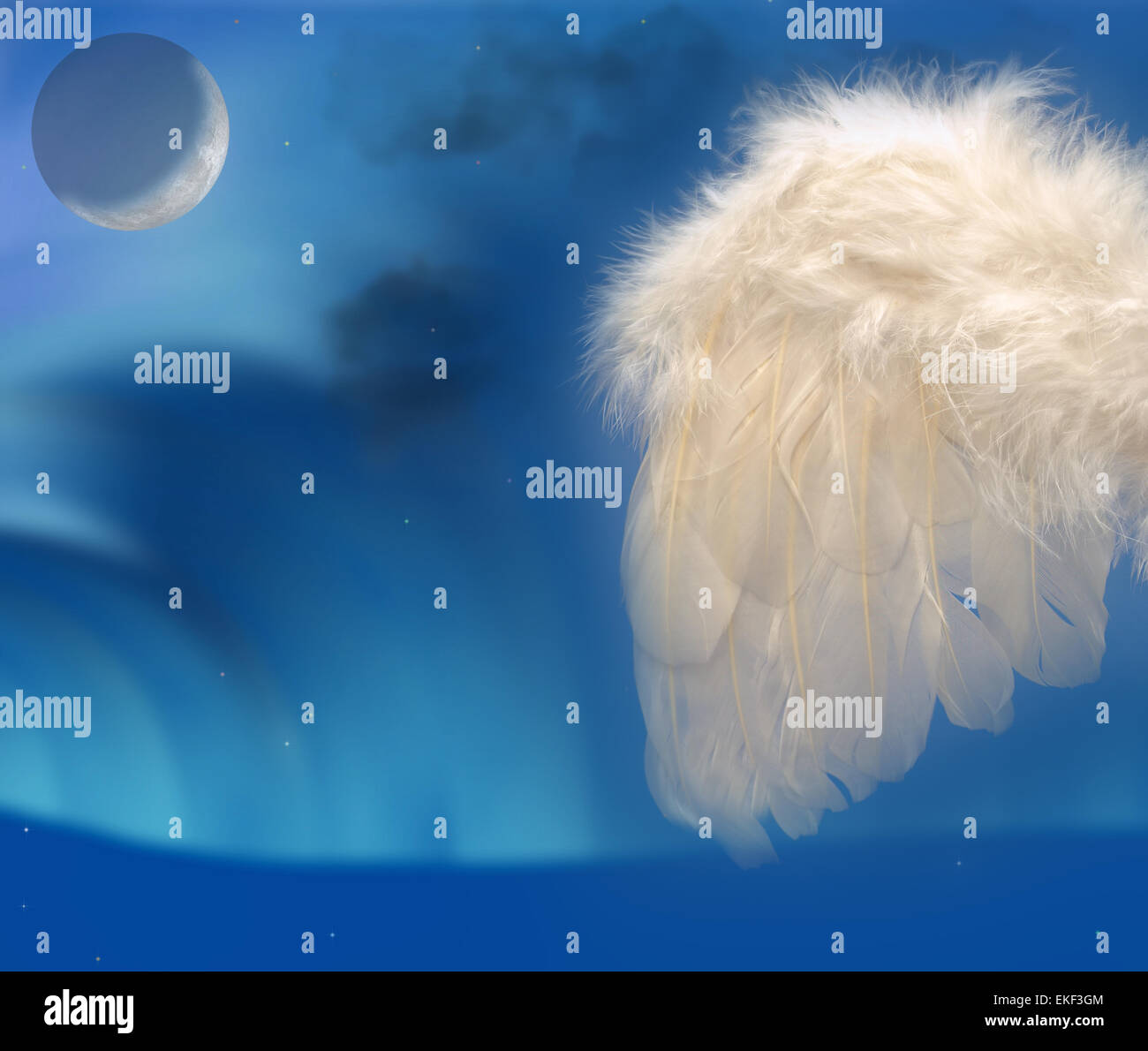 Angels wing with moon and northern lights Stock Photo - Alamy
