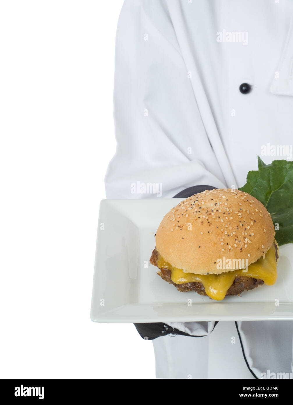 Chef or waiter serving cheesburger Stock Photo - Alamy