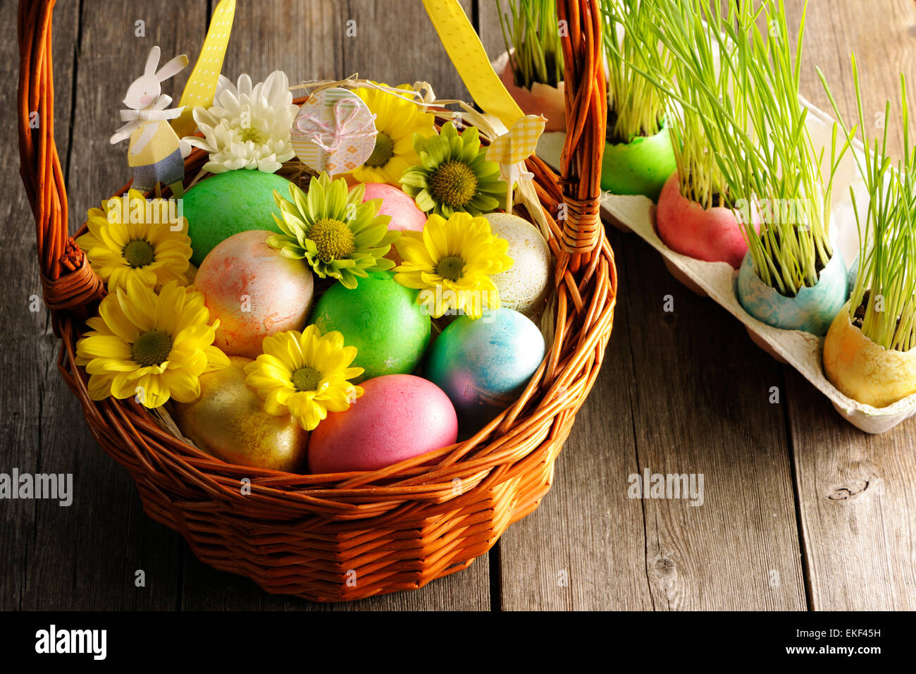 Colored easter eggs in basket Stock Photo - Alamy