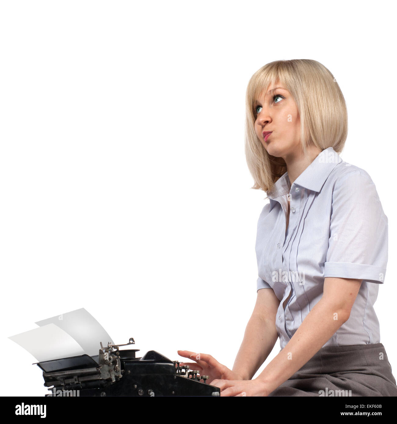 Business woman with vintage typing machine on white Stock Photo - Alamy