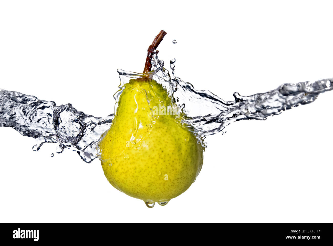 yellow pear with water splash isolated on white Stock Photo - Alamy