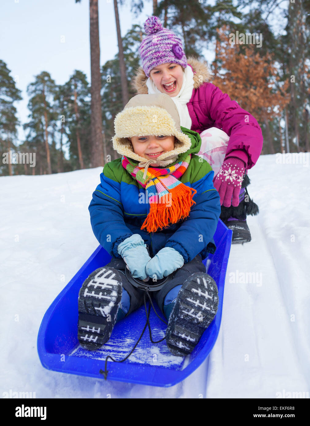 Children on sleds in snow Stock Photo - Alamy