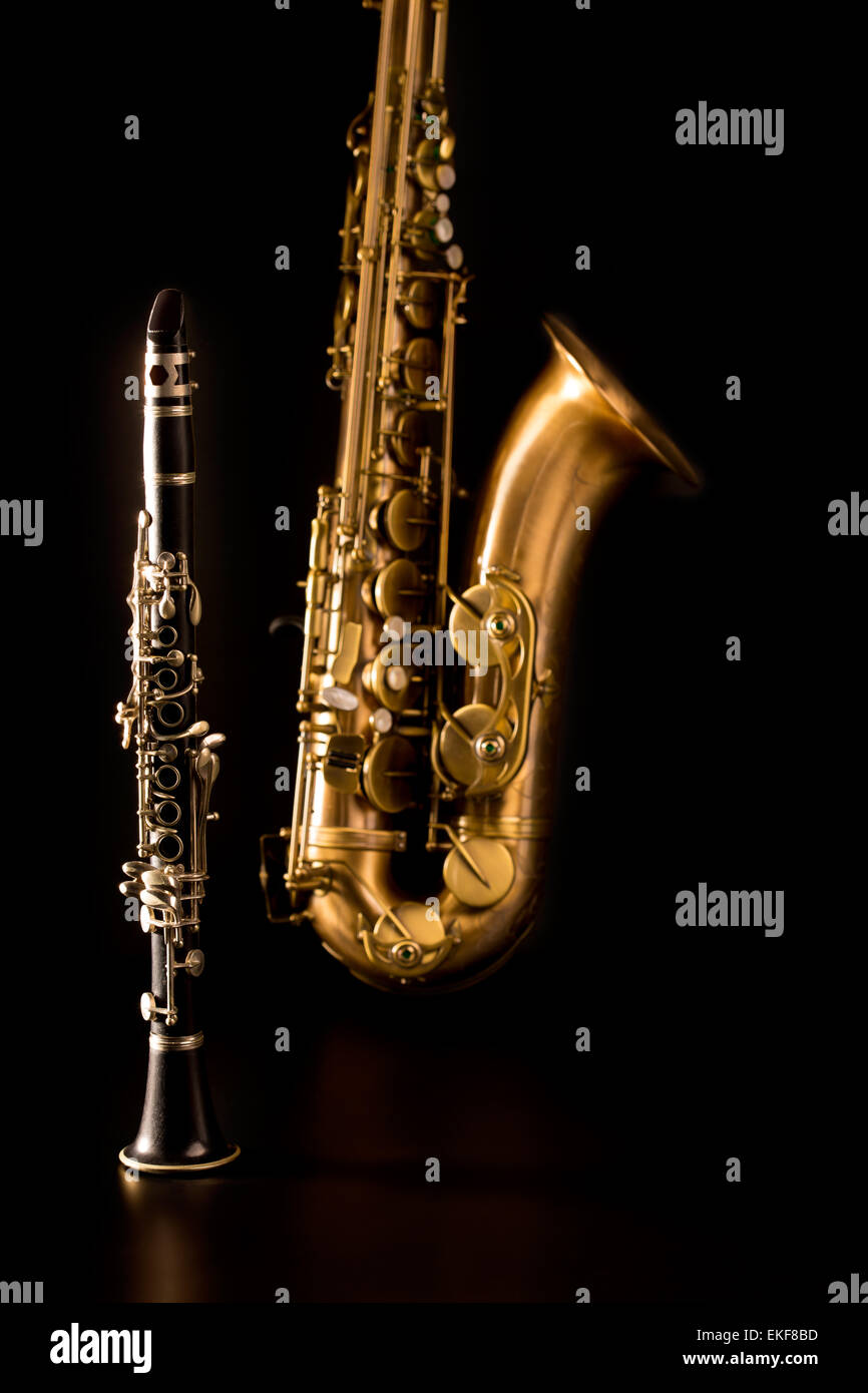 Classic music Sax tenor saxophone and clarinet in black Stock Photo - Alamy