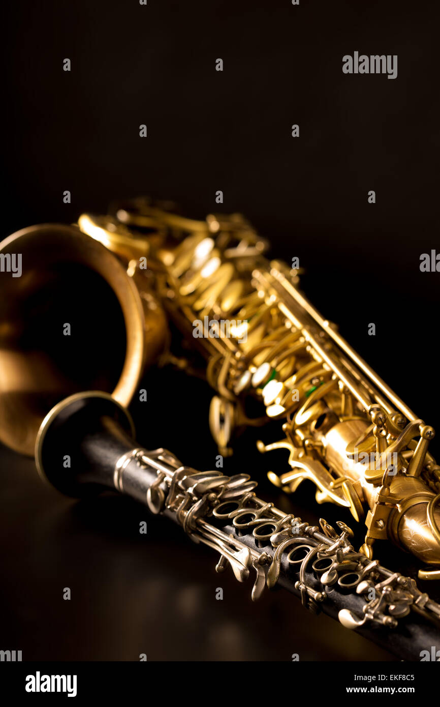 Classic music Sax tenor saxophone and clarinet in black Stock Photo - Alamy