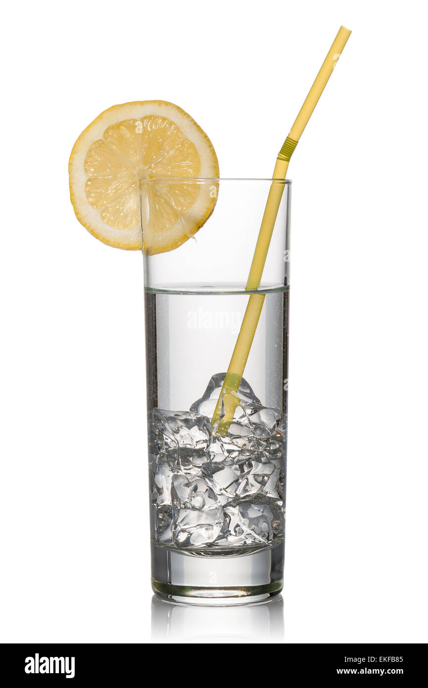 glass full of fresh sparkling water with lemon, on white background ...