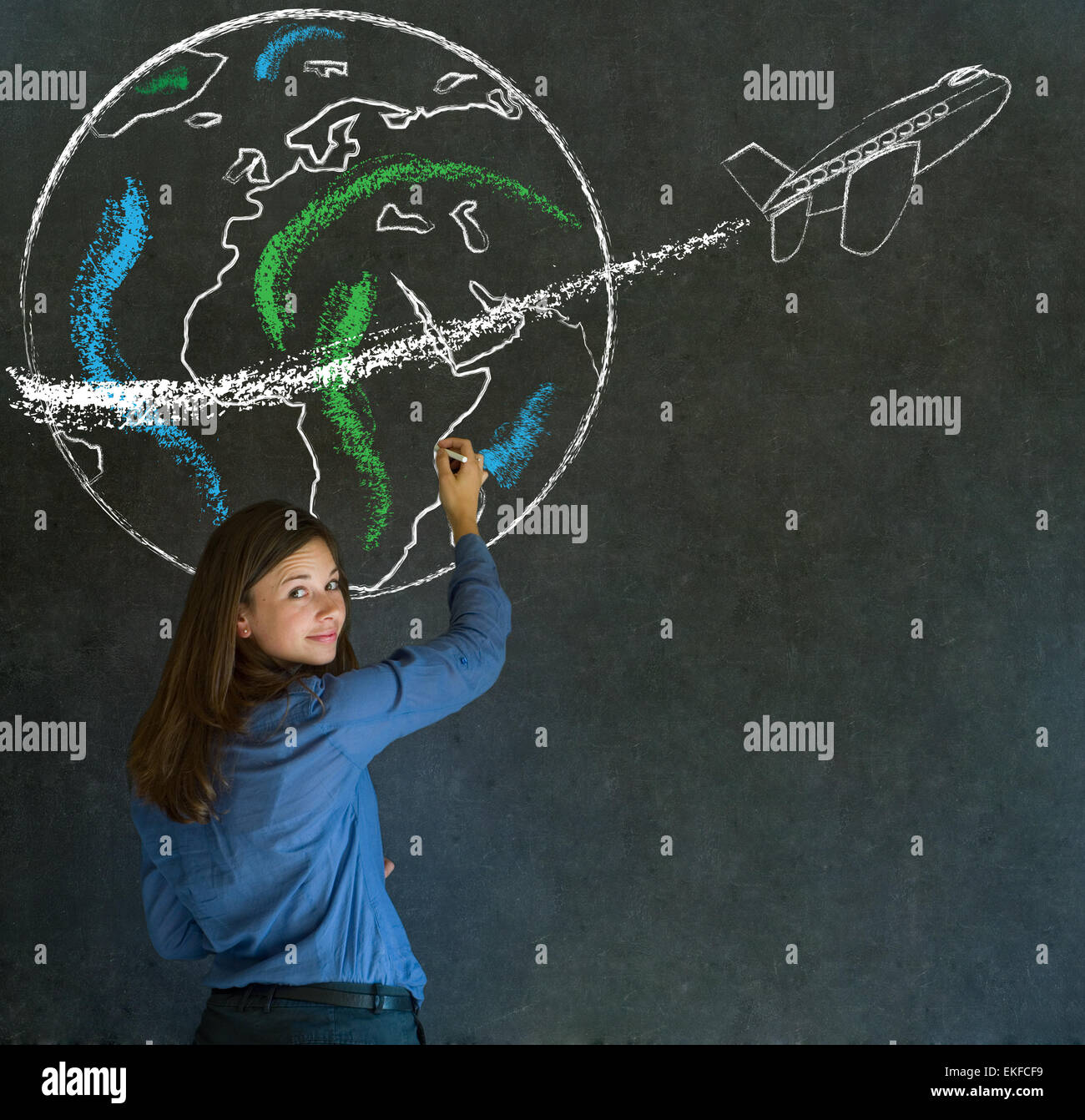 Woman with chalk globe and jet world travel Stock Photo - Alamy