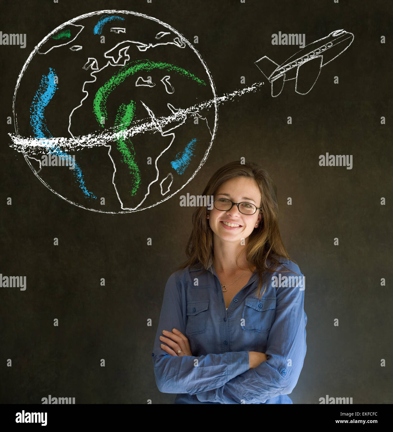 Woman with chalk globe and jet world travel Stock Photo - Alamy