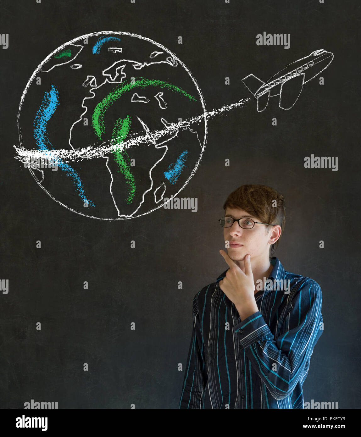 Man with chalk globe and jet world travel Stock Photo - Alamy