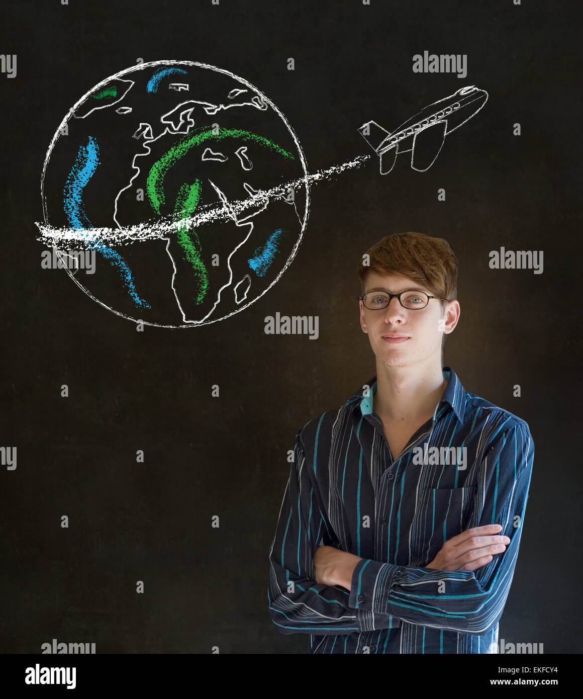Man with chalk globe and jet world travel Stock Photo - Alamy