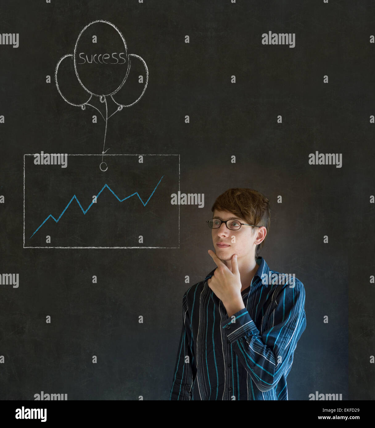 Man, student or teacher with chalk success graph and balloon Stock ...