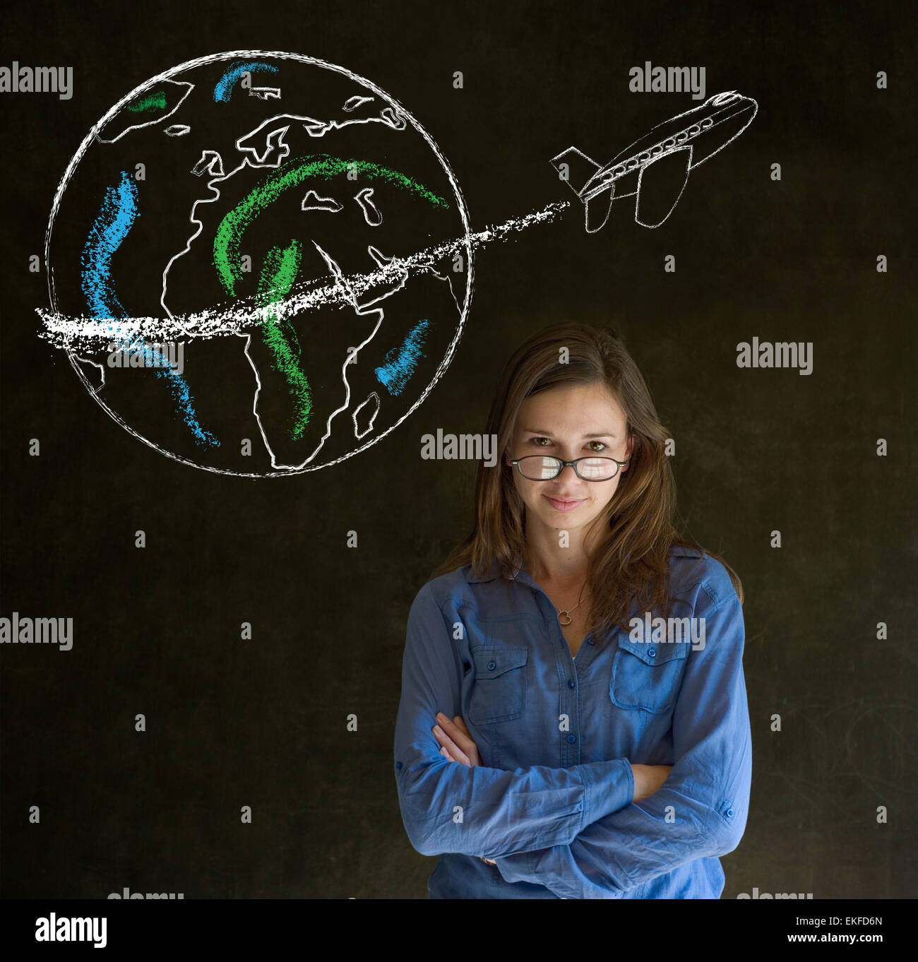 Woman with chalk globe and jet world travel Stock Photo - Alamy