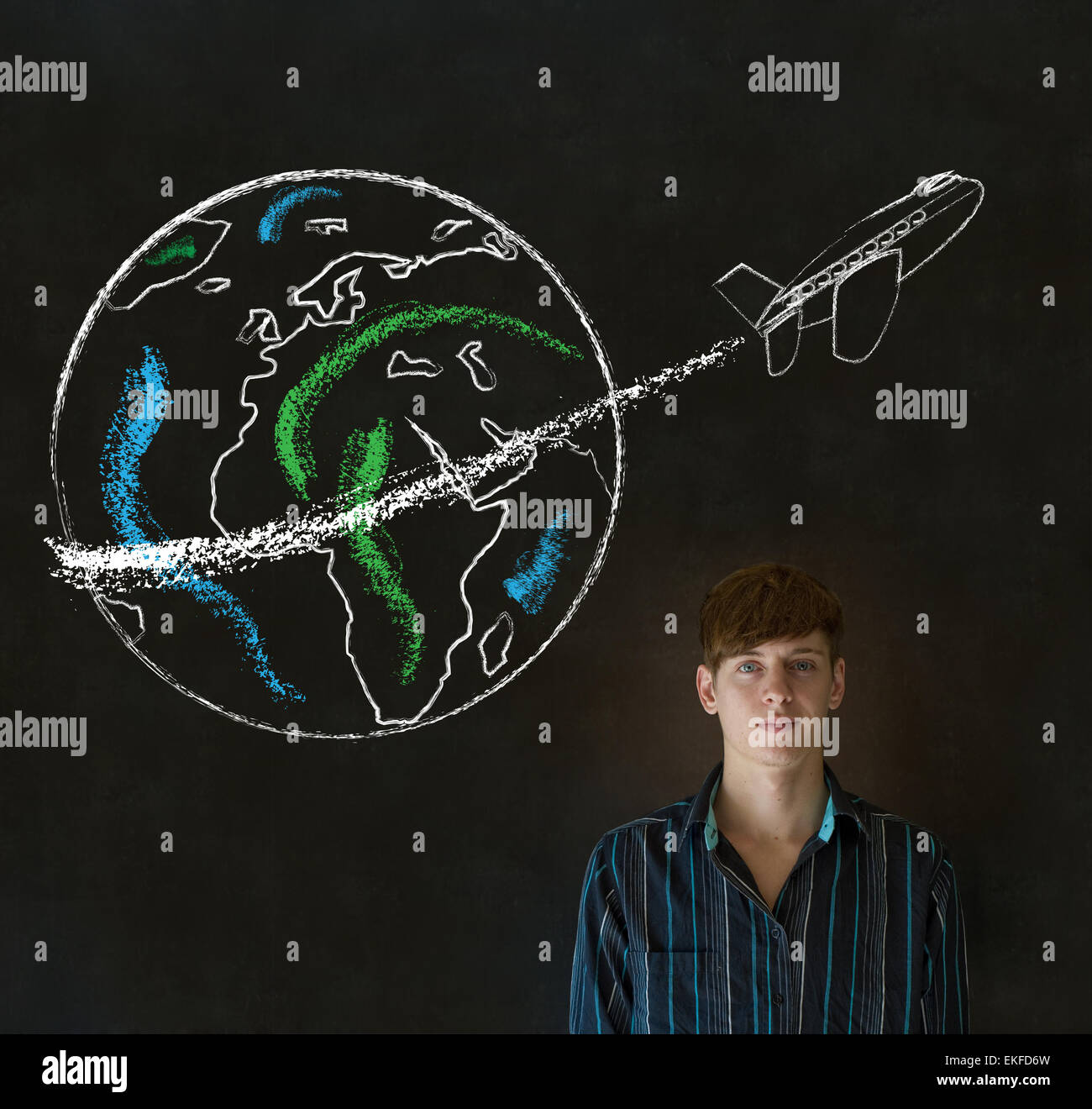 Man with chalk globe and jet world travel Stock Photo - Alamy