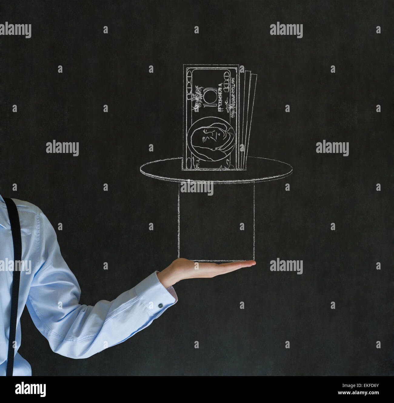 Man pulling money from magic hat blackboard background Stock Photo - Alamy