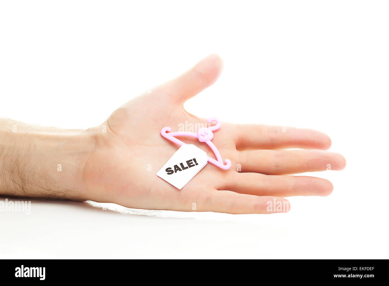 hanger with a price tag sale in hand isolated on white Stock Photo - Alamy