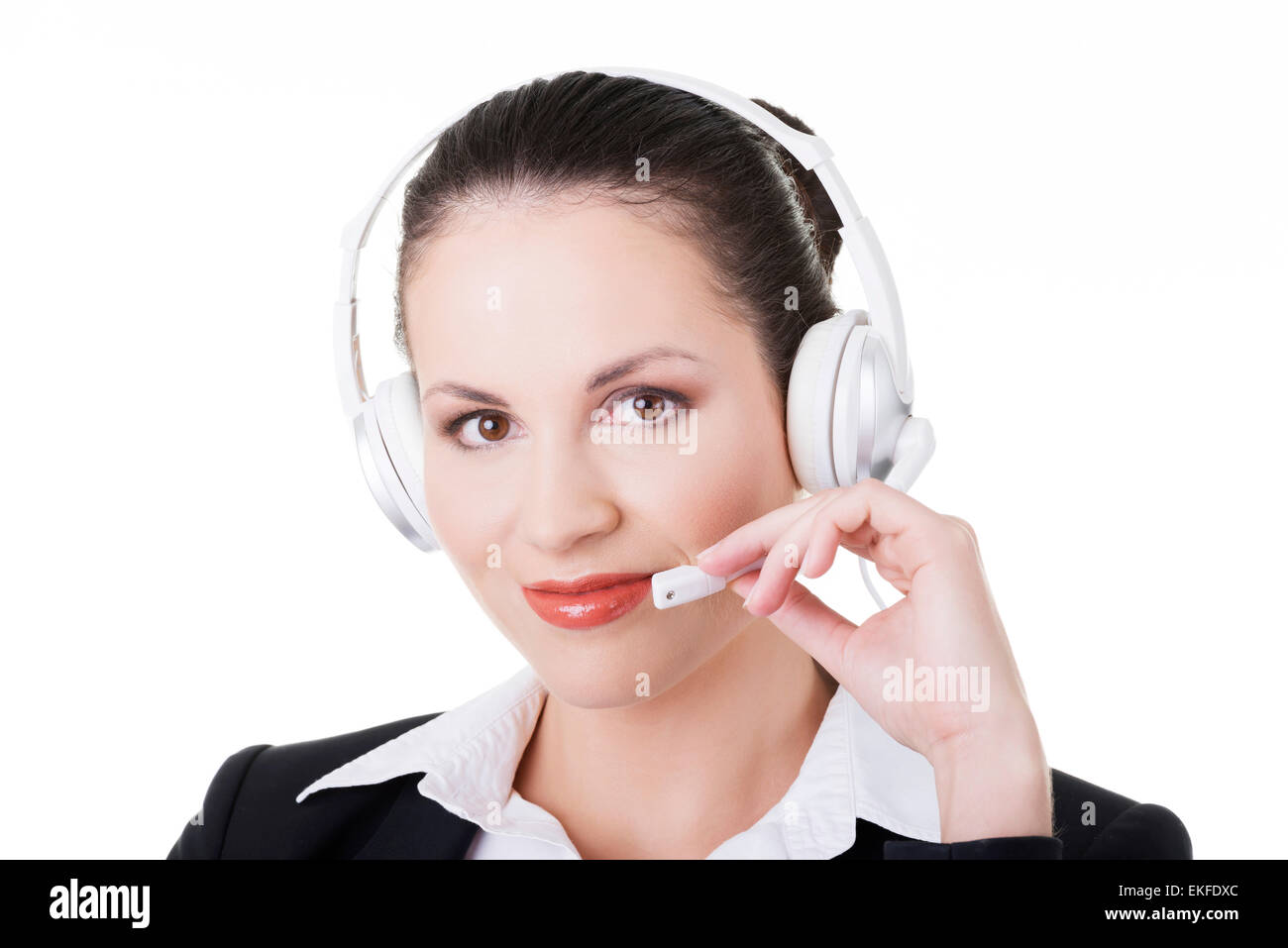 Beautiful young call-center assistant at the desk Stock Photo - Alamy