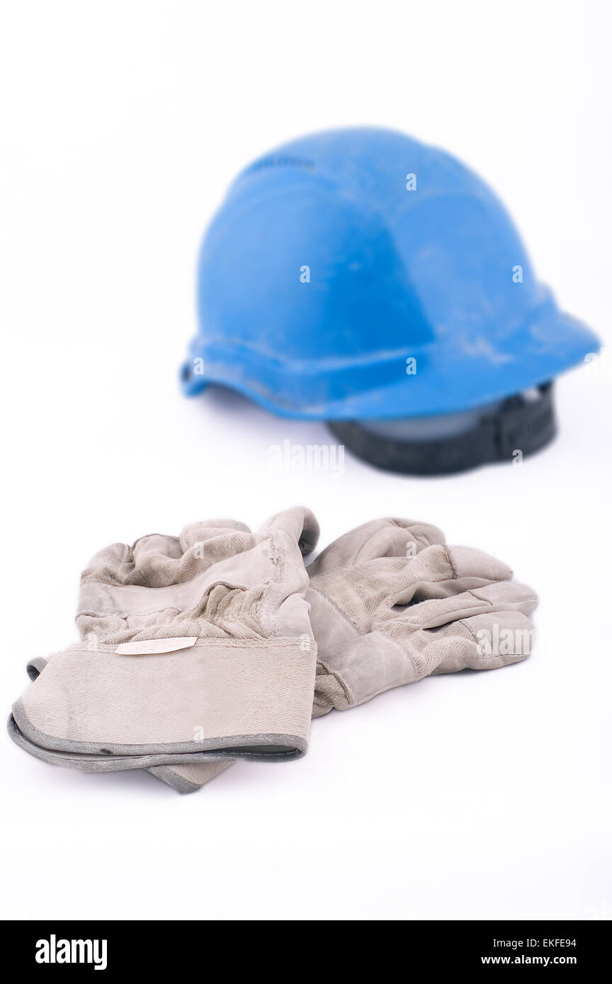 Blue working helmet and working gloves, white background Stock Photo ...