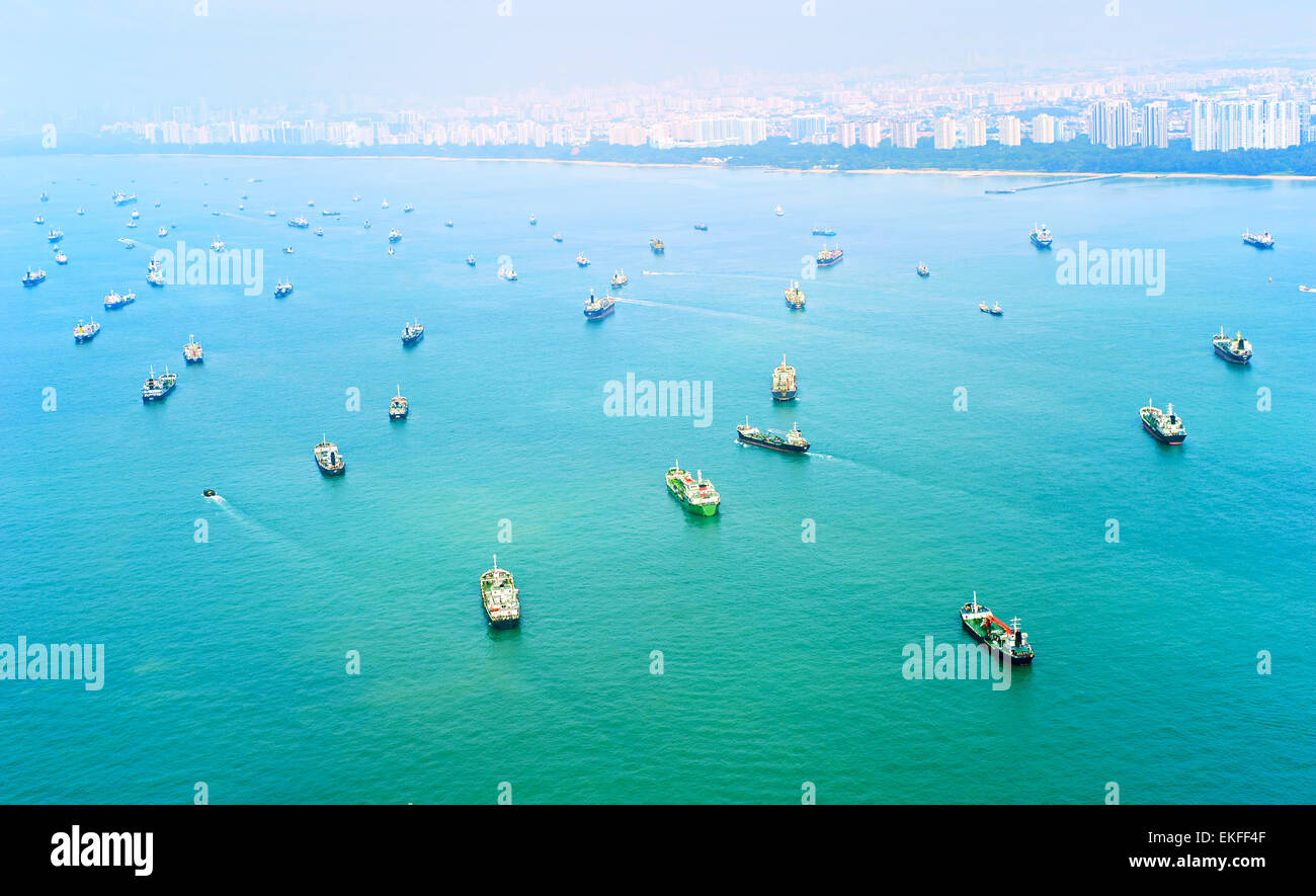 A lot of cargo ships in Singapore harbor. Top view Stock Photo - Alamy