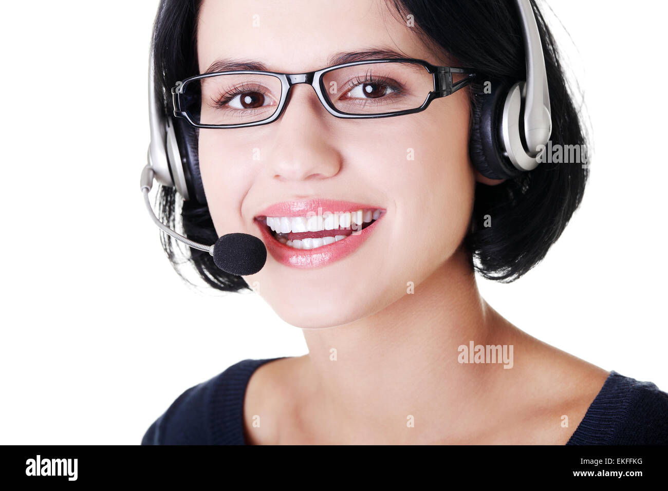 Attractive customer support representative smiling Stock Photo - Alamy