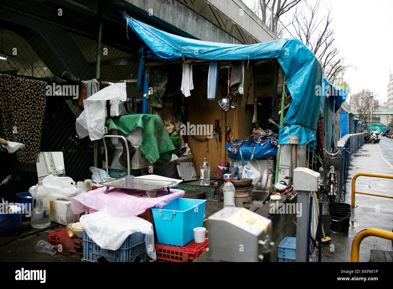 Homeless camps set up in Miyashita Park on April 10, 2015, Tokyo, Japan ...