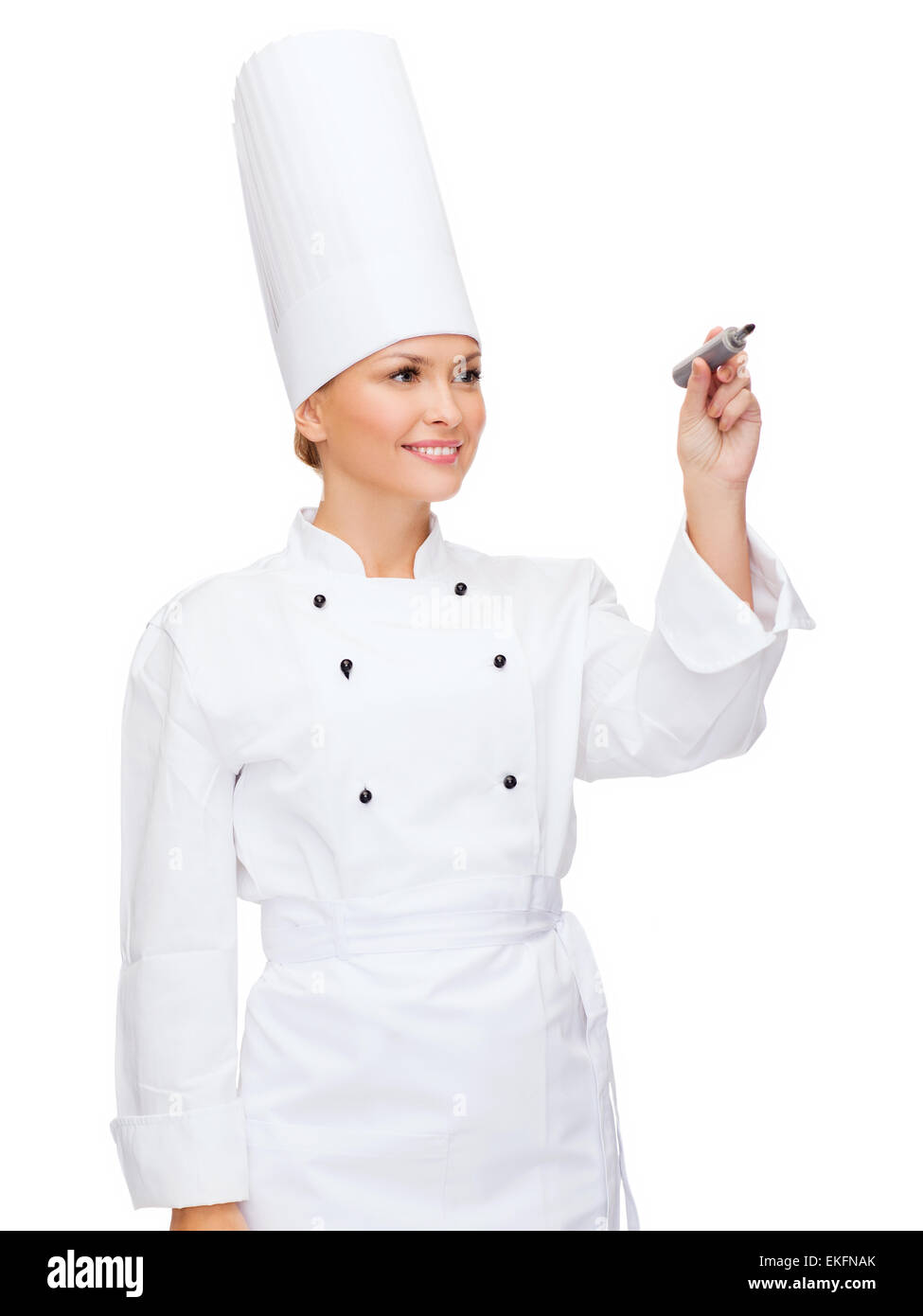 smiling female chef writing something on air Stock Photo - Alamy