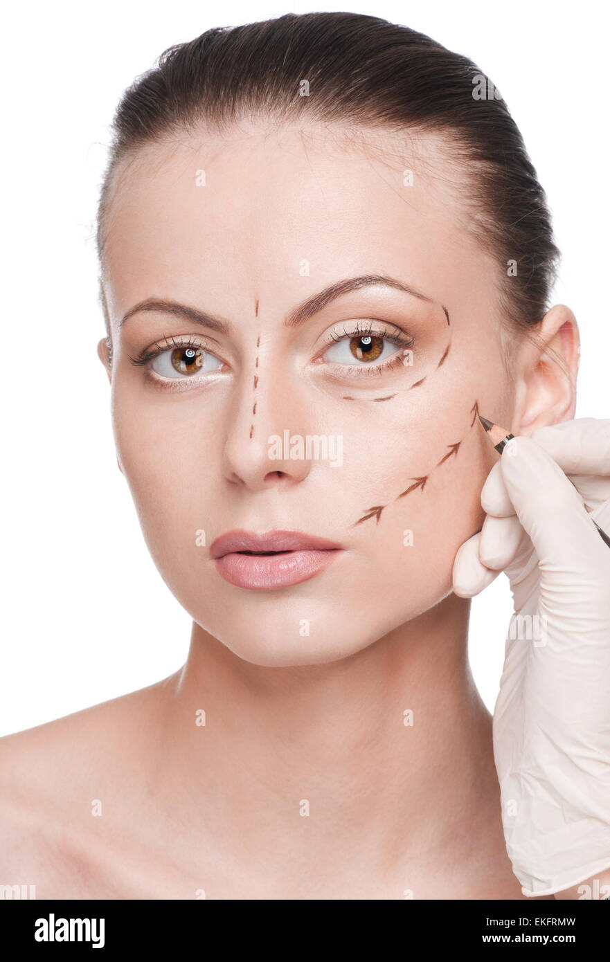 Correction lines on woman face, before surgery operetion Stock Photo ...