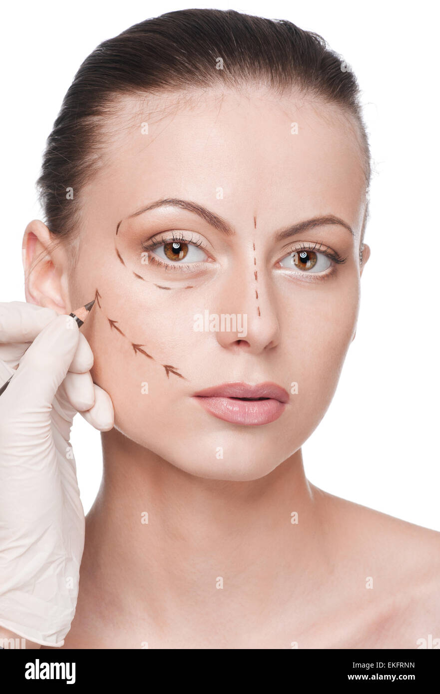 Correction lines on woman face, before surgery operetion Stock Photo ...