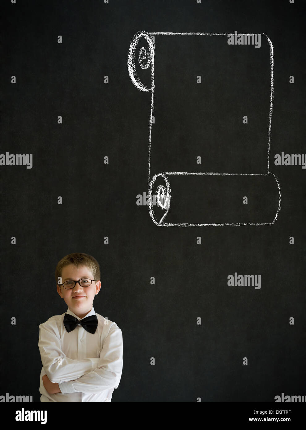 Thinking boy dressed as business man with chalk menu list Stock Photo ...