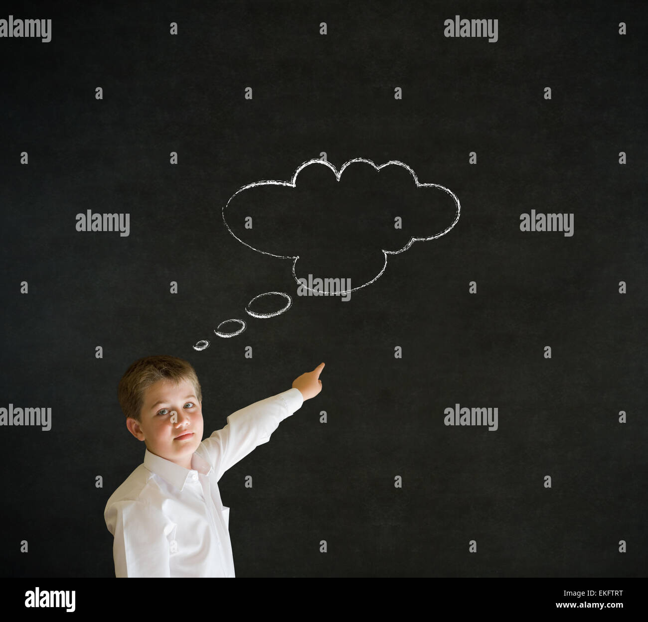 Pointing boy dressed as business man with thought thinking chalk cloud ...