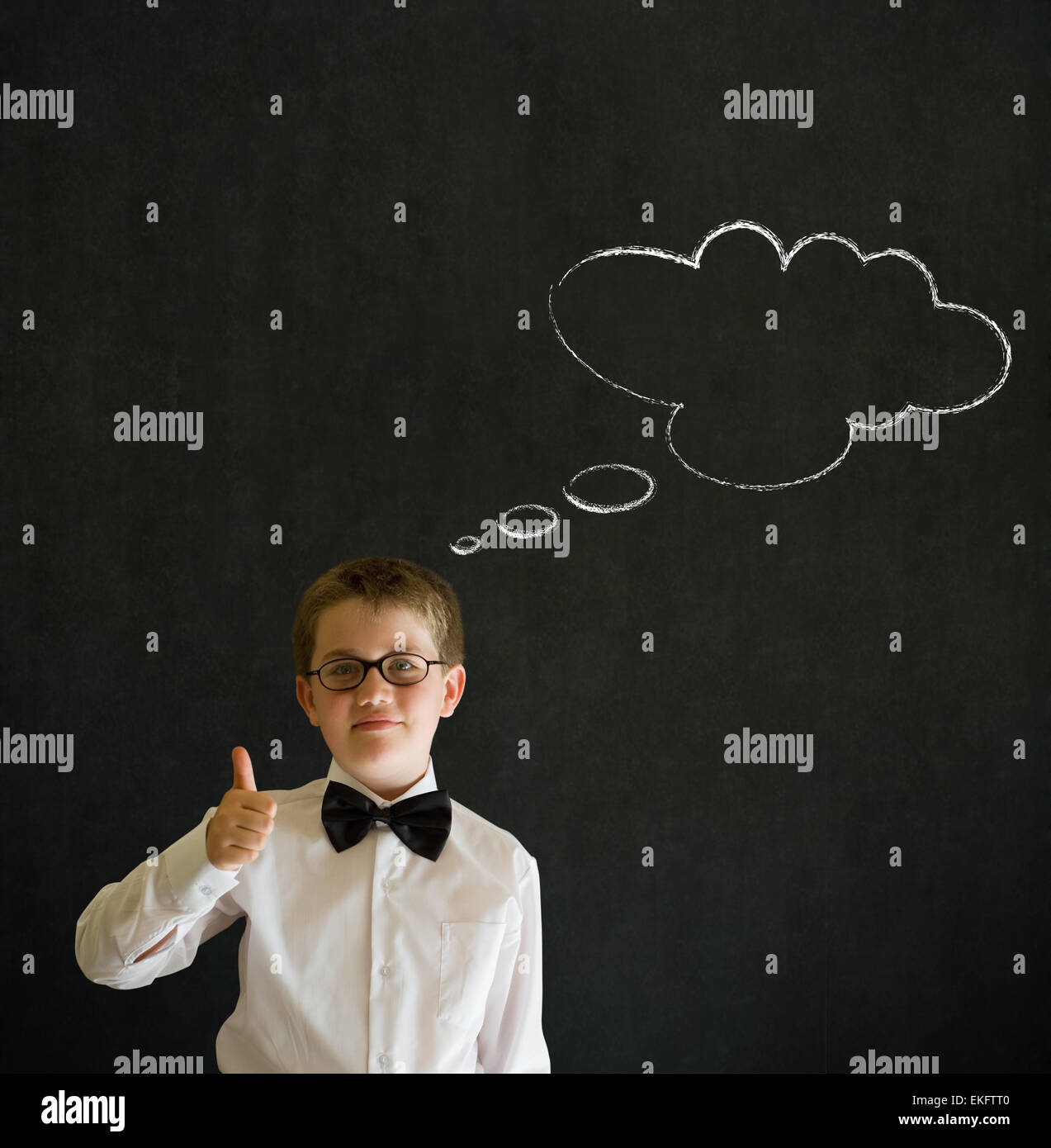 Thumbs up boy dressed as business man with thought thinking chalk cloud ...