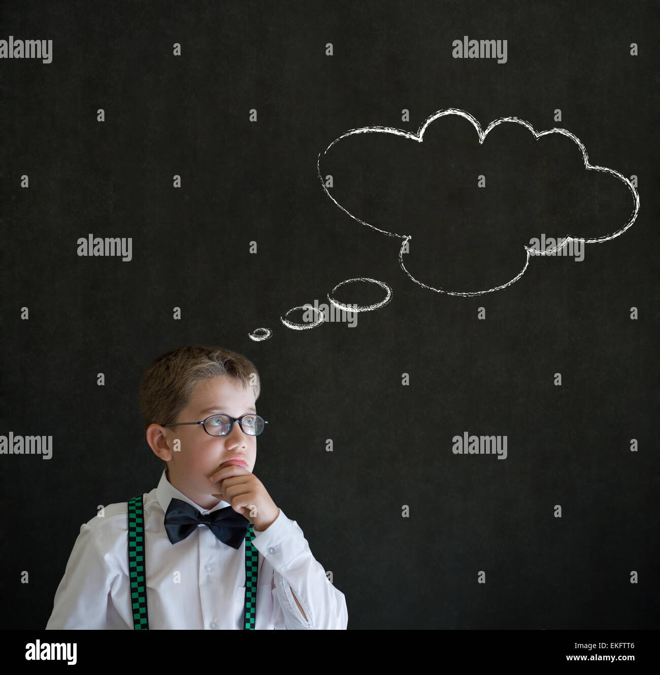 Thinking boy dressed as business man with thought thinking chalk cloud ...