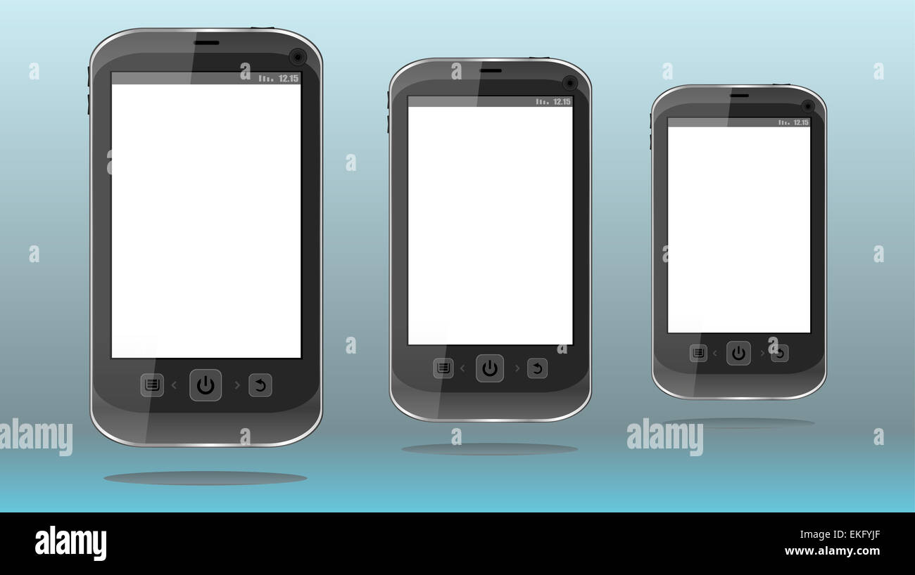 Group of black smartphones isolated on white background. 3d ...