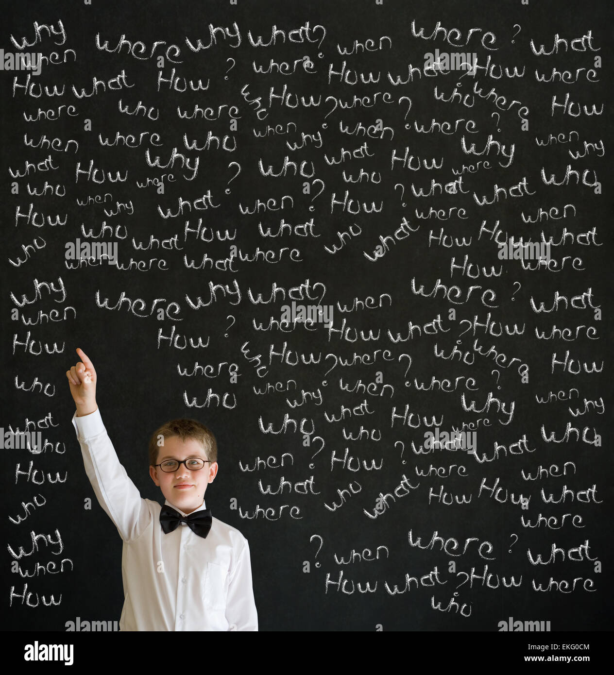 Hand up answer boy dressed as business man with chalk questions Stock ...