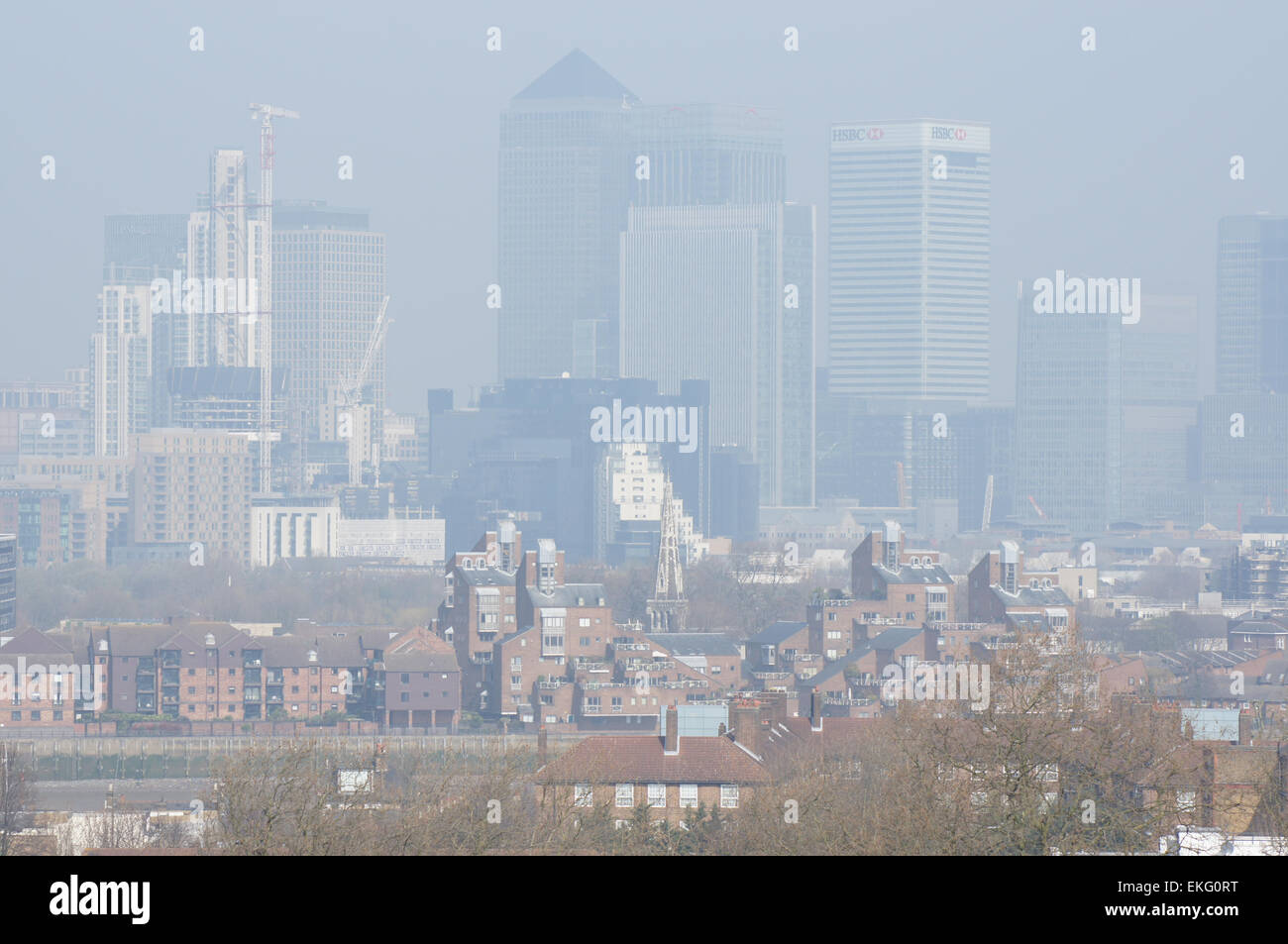 Air pollution over Canary Wharf in London, England United Kingdom UK ...